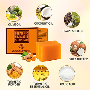 Koji Acid Soap for Dark Spots Turmeric Soap for Face and Body Kojic Acid Soap Skin Brightening Tumeric Soap for Acne Dark Spots Hand Soap Bar Acne Curcuma Soap for Blemishes Pimples Face Wash 200g/7OZ