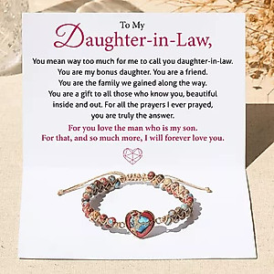 FLAVNT To My Daughter-In-Law, I Will Forever Love You Jasper Heart Bracelet, Adjustable Natural Jasper Braided Rope Bracelet, Daughter Bracelet from Mom, Gift for Daughter (Red)