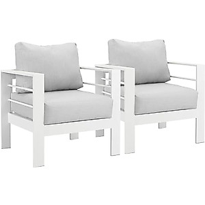 Wisteria Lane 2 Pieces Patio Furniture Aluminum Armchair, All-Weather Outdoor Single Sofa, White Metal Chair with Light Grey Cushions