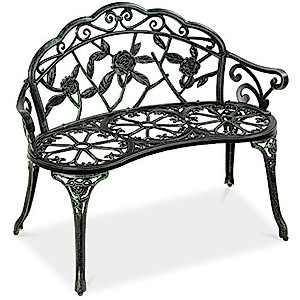 Best Choice Products Outdoor Bench Steel Garden Patio Porch Loveseat Furniture for Lawn, Park, Deck Seating w/Floral Rose Accent, Antique Finish - Black/Green