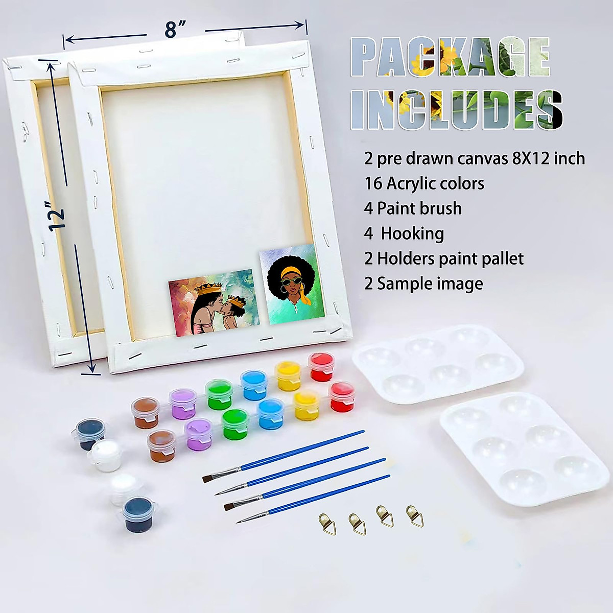 2 Pack 8x12 Canvas Painting |Pre Drawn Canvas| Pre Drawn Stretched Cotton Canvas | Afro Queen 2 |Acrylic Oil Painting Set On Canvas for Childrens & Beginners| Birthday Gift