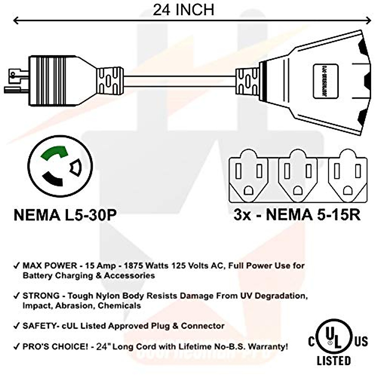 30 Amp to 110 Adapter L5-30P to LIT 3-Way Outlet Splitter by Journeyman Pro - 125 Volt, 30A to 15A, 3-Prong Locking Triple Tap 5-15R for RV Generators (2FT - L5-30P to LIT 3-WAY 15A)