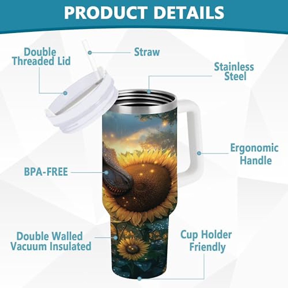 Slewiaeky Tumbler with Handle 40 oz Lovely Beast Dinosaur T Rex Travel Mug with Lid and Straw Stainless Steel Vacuum Insulated Water Bottle Cup for Iced Tea Coffee Cold Beverages Cup Holder Friendly