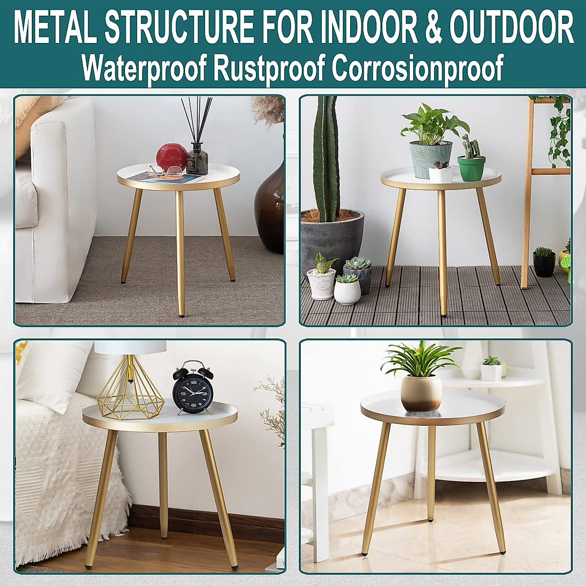 AOJEZOR Bed Side Table Ideal for Any Room, Living Room, Bedroom,Metal Structure Small Round Side Table Great for Small Spaces,White Tray with 3 Gold Legs End Table