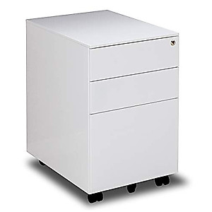 Danxee Fully Assembled Modern Design 3 Drawers Metal Mobile File Cabinet for Legal/Letter Size with Lock Key on Wheels for Home Office (White)
