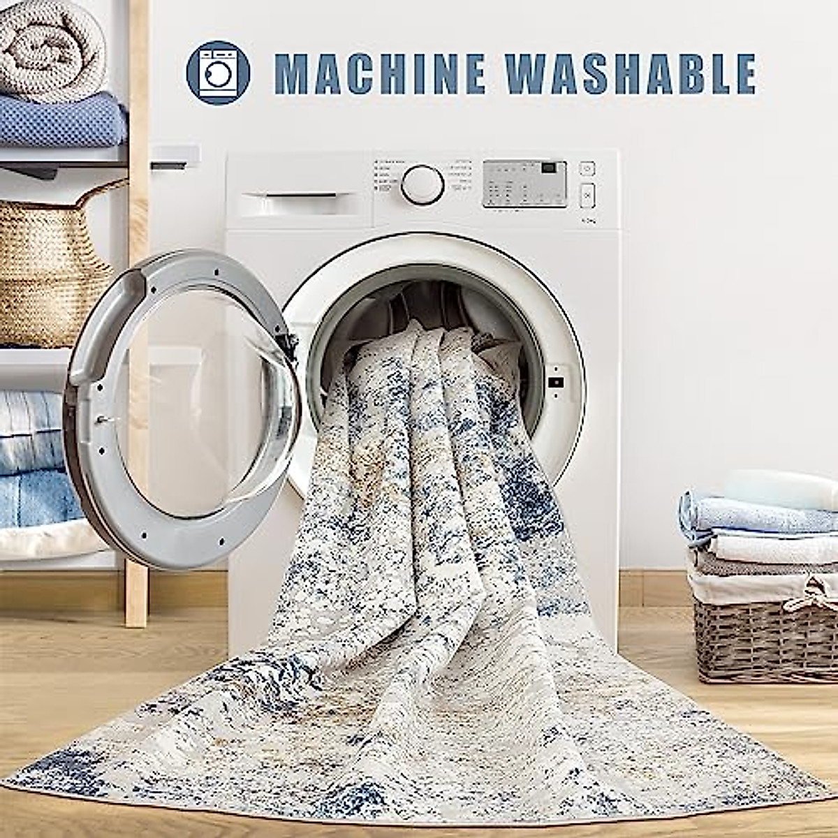 Area Rug Living Room Rugs - 5x7 Abstract Large Soft Indoor Washable Rug Neutral Modern Low Pile Carpet for Bedroom Dining Room Farmhouse Home Office - Beige Blue