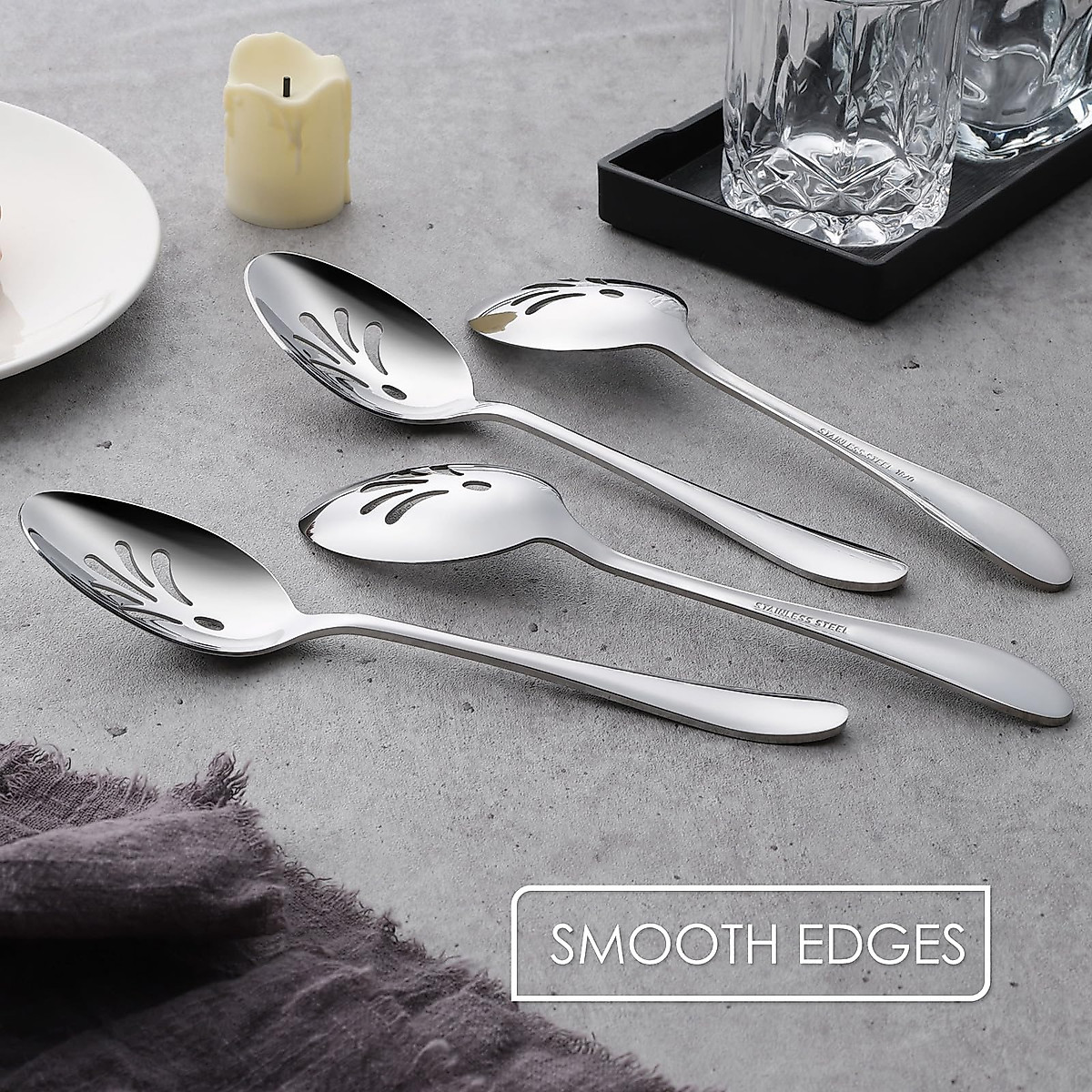 Stainless Steel Slotted Serving Spoons, E-far 4-Piece Metal Tablespoons Hostess Serving Utensils Set for Catering Buffet Party Kitchen Restaurant, Dishwasher Safe