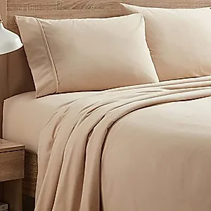Flannel Sheets Warm and Cozy Deep Pocket Breathable All Season Bedding Set with Fitted, Flat and Pillowcases, Twin, Beige