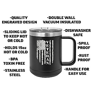 Rogue River Tactical USA Tattered American Flag Veteran Heavy Duty Stainless Steel Black Coffee Mug Tumbler With Lid Novelty Cup Great Gift Idea