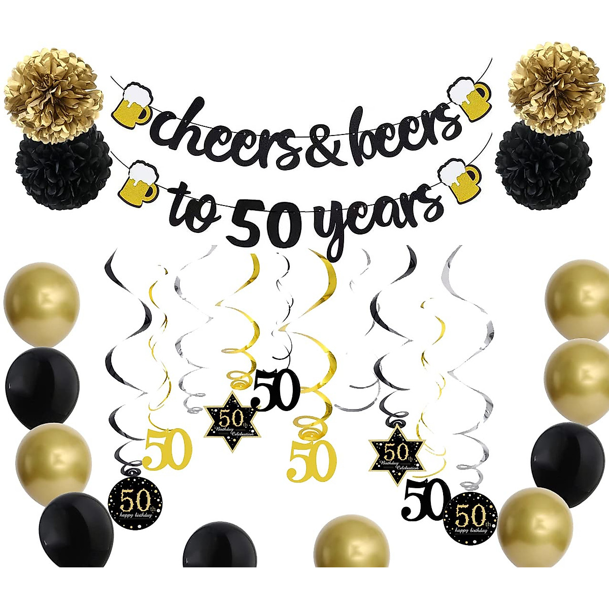 50th Birthday Party Decorations, Cheers & Beers to 50 Years Banner, Hanging Swirls Decorations, Gold and Black Paper Pom Poms, Latex Balloons For 50th Birthday Party Decorations (50)