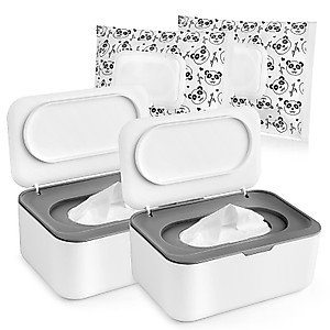 TORASO Wipes Holder, Wipes Dispenser with Lid, Pouch with Lid, Baby Wipes Case Keeps Wipes Fresh， Wipe Container Regular Storage Case Box(2Gray+2panda)