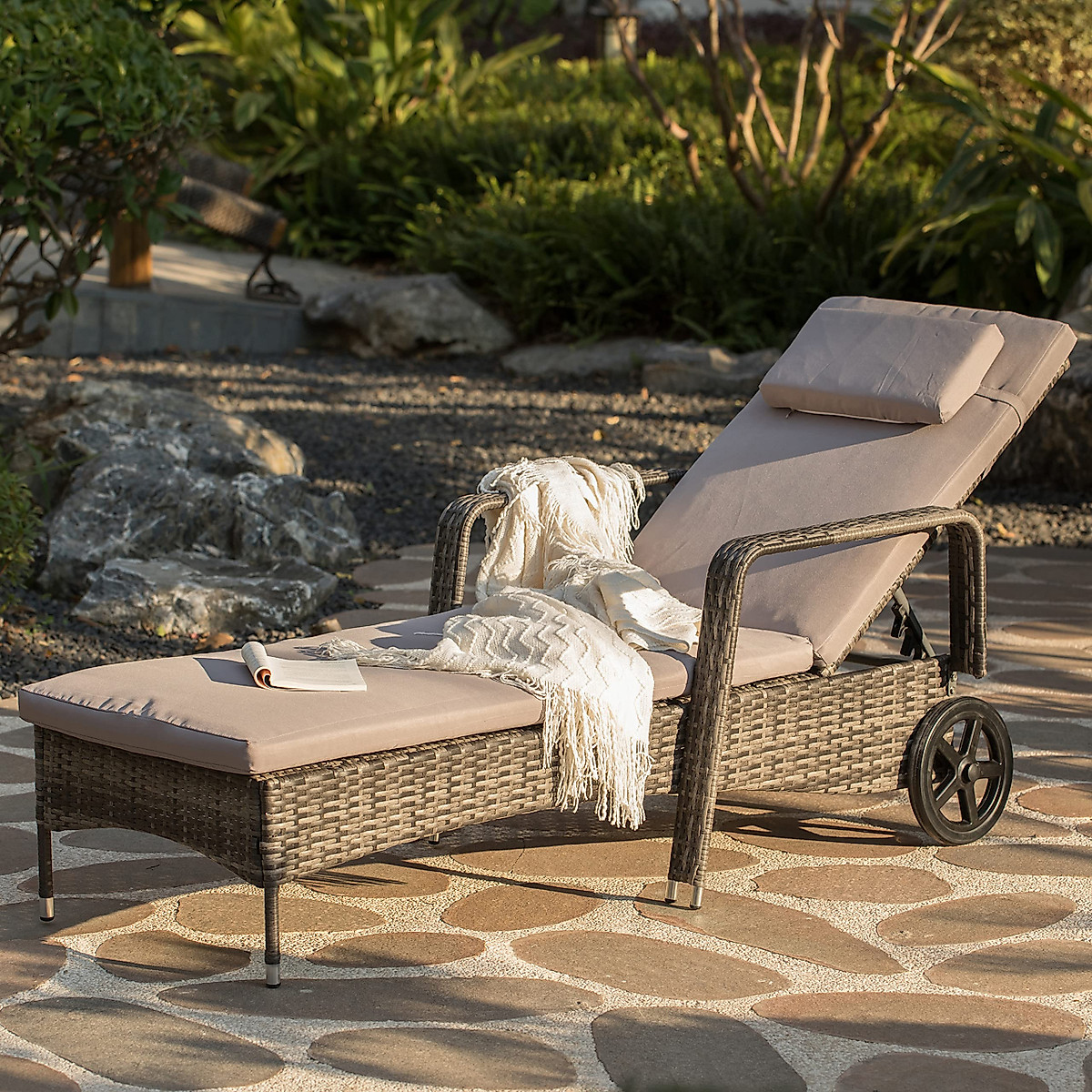 Gardenised Outdoor Weather Resistant Beach or Poolside Rattan Lounge Chair, Charcoal, Set of 2, Brown