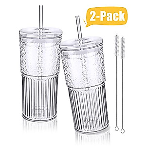 NiHome High Borosilicate Glass Tumbler Cup with Lid and Straw, 22oz Iced Coffee Glass Cups Drinking Glasses Boba Smoothie Tea Cup, Mason Jar Cup Wide Mouth Water Tumbler (2 Pack Glass Straws)