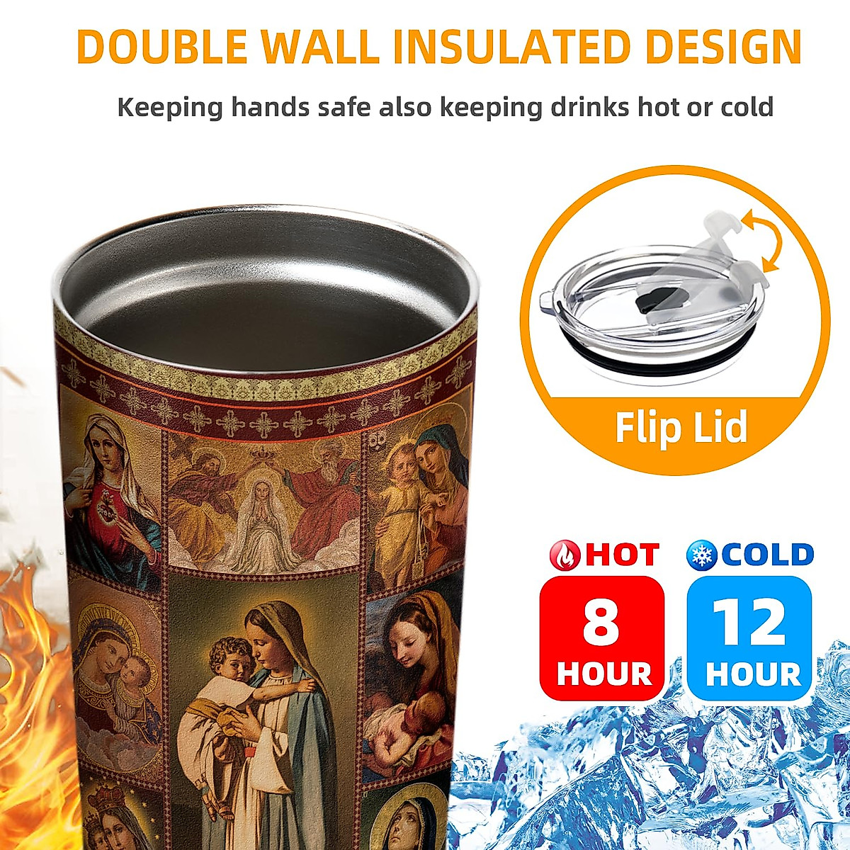 Catholic Gifts for Women, Virgin Mary Tumbler 20oz Stainless Steel Travel Cup Double Wall Insulated Coffee Mugs with Splash-proof Lid, Unique Religious Christian Believers Blessings Gift