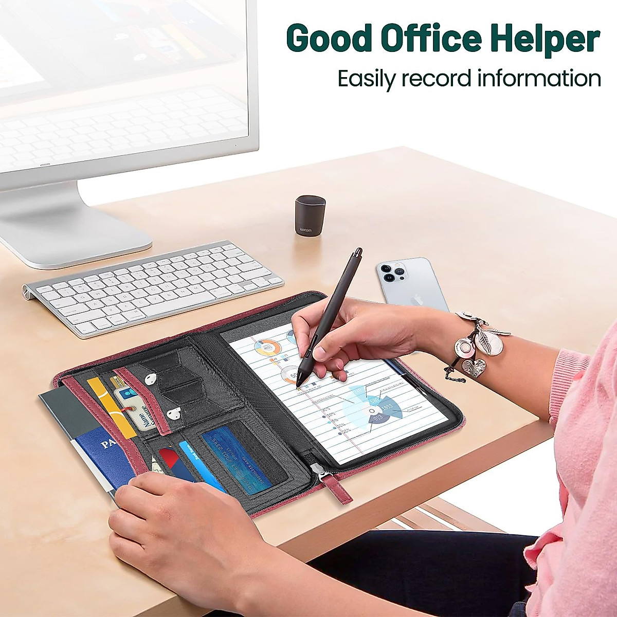 AKAYOK Padfolio for Women, Zippered Business Portfolio, Leather Padfolio Binder 5.3 x 8 inch Writing Pad, Business Portfolio Organizer, Small Padfolio with Clipboard (Red)