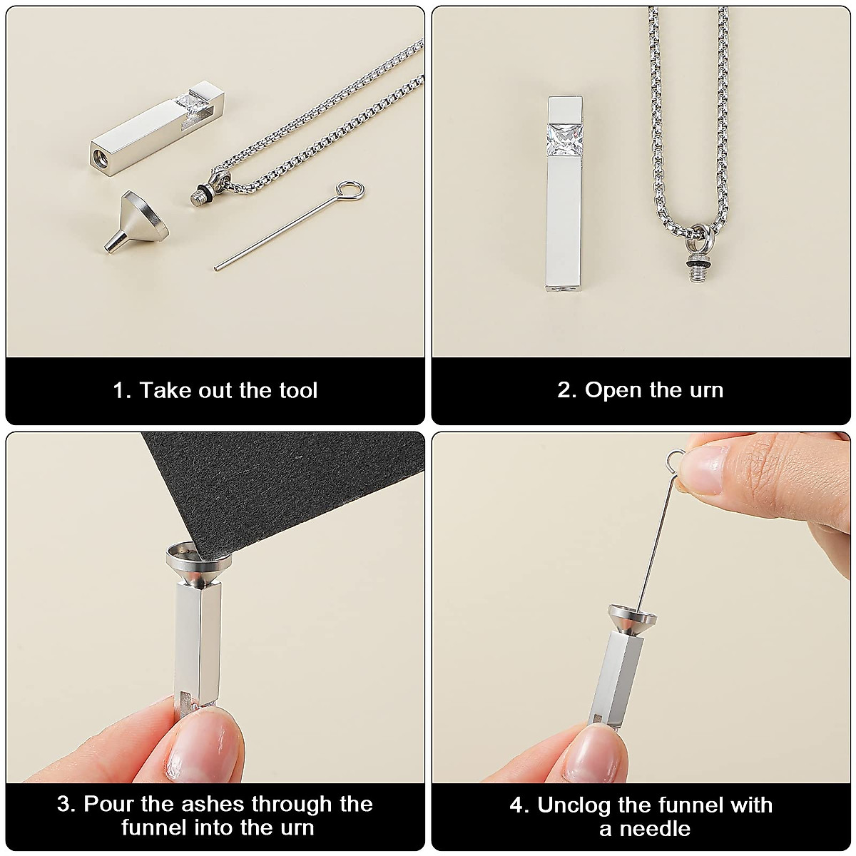 Cremation Urn Necklace for Ashes Memorial Stainless Steel with CZ Necklace Urn Locket Ashes Keepsake Cremation Jewelry for Ashes (Silver, 6 Pcs)