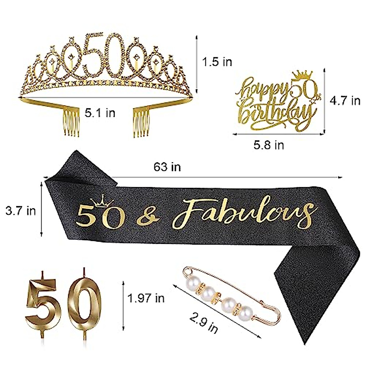 50th Birthday Decorations for Women，Gold 50 Birthday Crown Tiara ，Cake Topper, Birthday Sash with Peal Pin and Birthday Candles Kit,50th Birthday Gifts for Women