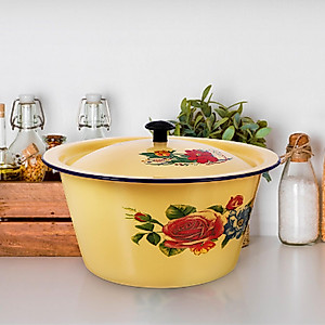 Retro Flower Enamel Stew Stockpot: Non- Stick Ceramic Coated Low Stockpot Stew Pot with Lid 16cm Quart Stockpots Soup Casserole Pasta Milk Sauce Pot for Kitchen Cooking 18CM