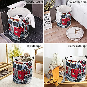Fire Truck Round Laundry Hamper with Handles Cartoon Fire Truck Pattern Red Cool Oxford Fabric Dirty Clothes Hamper Collapsible Storage Basket/Toy Organizer for College Dorms Boys and Girls