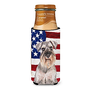 Caroline's Treasures KJ1158MUK USA American Flag with Schnauzer Ultra Hugger for slim cans Can Cooler Sleeve Hugger Machine Washable Drink Sleeve Hugger Collapsible Insulator Beverage Insulated Holder