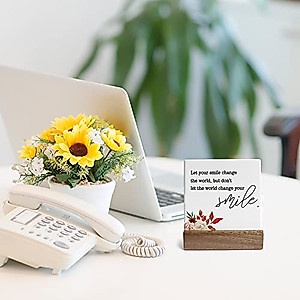 Pigort Let Your Smile Change the World Sign Decor Inspirational Desk Quote Sign Office Motivational Gifts Positive Quotes Ceramic Decor with Wooden Stand for Home Office Classroom Decoration