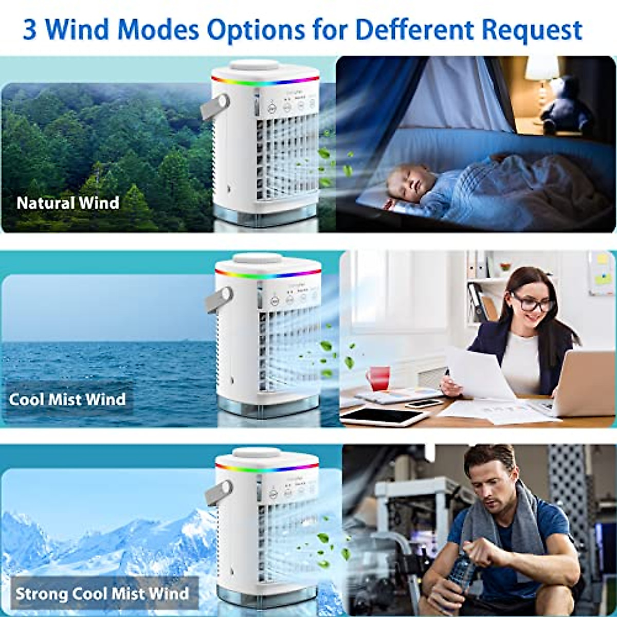 Portable Air Conditioner,4 IN 1 Effective Evaporative Personal Air Cooler with 4 Wind Speed&2 Cool Mist,Small Cold Air Fan with 2-8H timer&Colorful Nightlight for Room,Office,Desk,Camping (Blue)