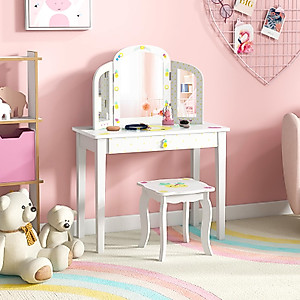 HONEY JOY Kids Vanity Set, Toddler Beauty Makeup Dressing Table w/Stool & Drawer, Tri-Fold Silver Mirror, Detachable Top, Pineapple Theme Wooden Princess Pretend Play Vanity Set for Little Girls