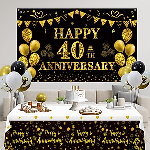 DARUNAXY 40th Wedding Anniversary Decorations, Large Happy 40th Anniversary Banner 70 x 43inch, 60PCS Black Gold Confetti Balloons, 2PCS Tablecloths for Cheer to 40 Year Party Supplies for Men Women
