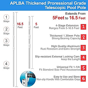 ARLBA Upgraded Professional 16.5 Feet Swimming Pool Pole Telescopic Aluminum Thicken 1.30mm Adjustable Fits Skimmer Net Rake Vacuum Head Brush Pool Cleaning Equipment Heavy Duty -Universal Fit 1-1/4