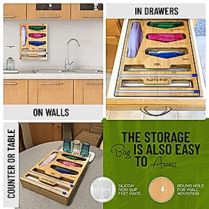 Ziplock Bag Organizer - 6 in 1 Wrap Dispenser with Cutter and Labels, Bamboo Reusable Baggies Dispenser Container, Storage Organizer for Kitchen Drawer, Compatible with Gallon, Quart, Sandwich & Snack