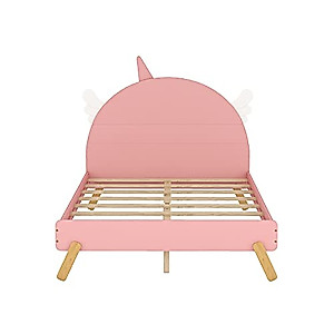 SOFTSEA Pink Full Bed Frame for Girls, Kids Cute Bed Frame Full Bed Frame with Headboard, Wood Platform Bed Frame for Kids, No Box Spring Needed Easy Assemble