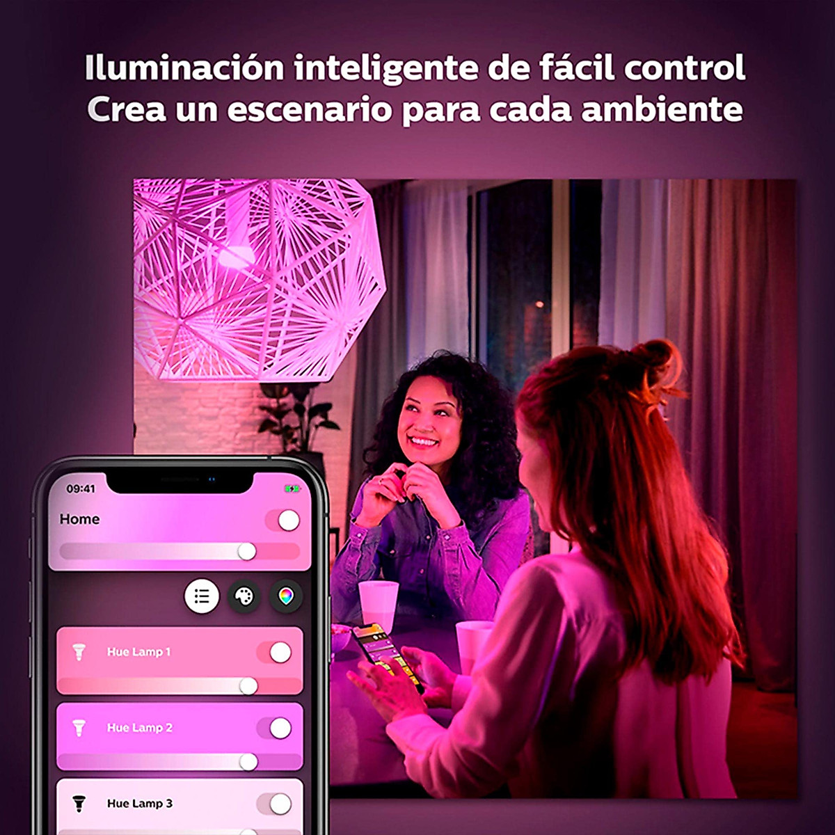 Philips Hue MAIN-54158 White & Color Ambiance LED Starter Kit-3 Multicolor A19 Bulbs, Bridge and Hue Dimmer Switch (Gen 3-Richer Colors), 1 Count (Pack of 1), Multi