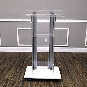 FixtureDisplays Clear Acrylic Plexiglass Podium Curved Steel Sides Church Pulpit School Lectern Debate Funeral Home Conference 14310-NF