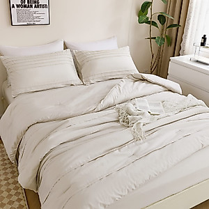 ZRNBAST 5 Pcs Beige Grey Comforter Set Full Size Pleated Textured Bohemian Style Bedding Set with Sheets Pinch Pintuck Striped Fluffy Comforter Set for All Seasons (Beige, Full)