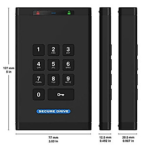 SecureData SecureDrive KP 250GB SSD Hardware Encrypted USB 3.0 External Drive FIPS 140-2 Level 3 Unlock via Keypad TAA Compliant, CJIS, HIPAA, CMMC, GDPR Compliant, Works with Mac and Win Free AV
