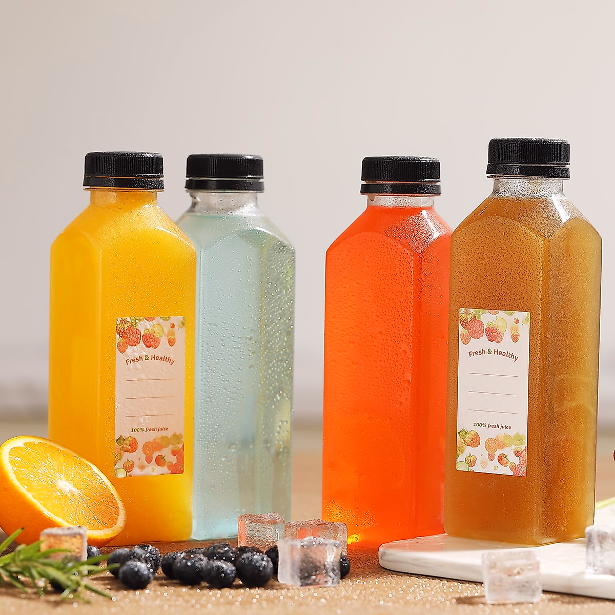 Party Club of America 21pcs 16oz Square Empty Reusable Juice Bottles With Caps,Label, Funnel, And Brush Drink Containers For Juicing Milkshake And Other Beverages