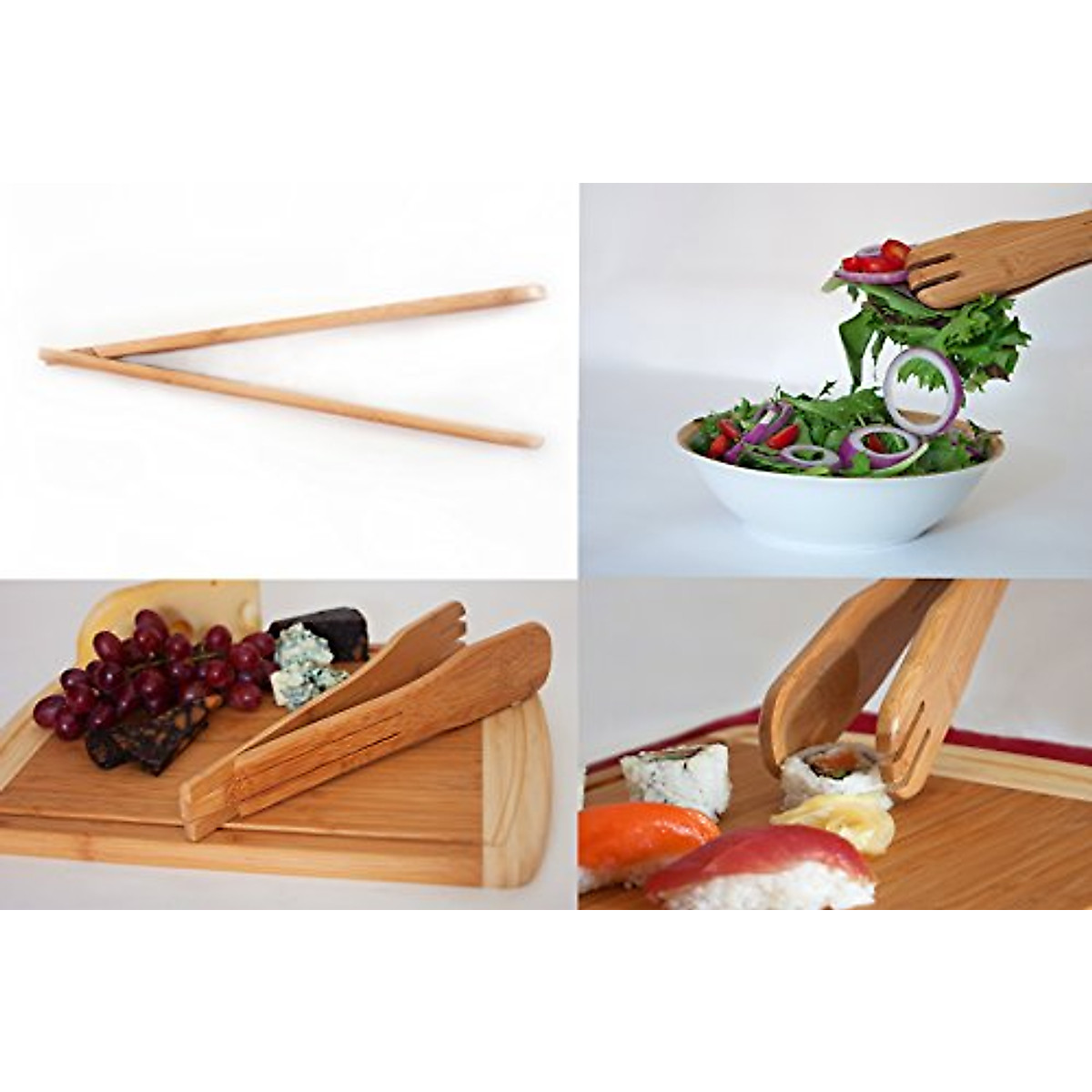 Bamboo Cutting Board Housewarming Gift Set - With Bonus 3-Piece Cooking Utensils - Wooden Spoon, Salad Tongs and Wood Spatula - Mother's Day, Wedding & Kitchen Gadgets Gift Idea