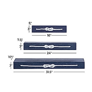 Deco 79 Wood Rectangle Wall Shelf with Knotted Rope, Set of 3 32", 24", 16"W, Blue