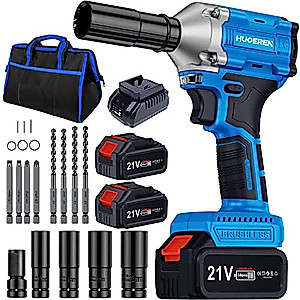 Huoeren Electric Cordless Impact Wrench 1/2 Inch,480Ft-lbs(650N.m) High Torque Battery Impact Wrench,21V Brushless Impact Gun Set with 2x4.0Ah Battery,4 Sockets,4 Drills and 4 Screws for Car & Home