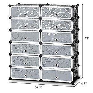 HAPPYGRILL Shoe Rack 12-Cube DIY Modular Plastic Cabinet Storage Organizer with Doors 6-Tier Shelving Bookcase Storage Unit Closet