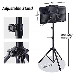 Klvied Sheet Music Stand with Violin Hanger, Portable Folding violin Stand, Foldable Music Stand for Sheet Music, Violin Music Stand with Carrying Bag, Light, Black