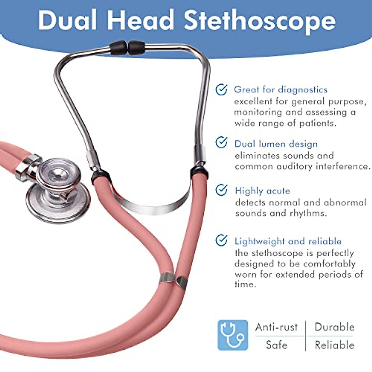 Novamedic Dual Head Sprague Rappaport Stethoscope, Pink, 30 inch First Aid Stethoscope for Nurses, Doctors, ETMs, Nursing Homes, Cardiac Diagnostic, Cardiology and Medical Supplies Kit