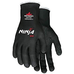 MCR Safety N96795L Ninja BNF Nitrile Gloves, ANSI Puncture 2, Abrasion 5, 15 Gauge Nylon/Spandex Shell with Full BNF Coating and Nitrile Grip Dots, 1-Pair, Large