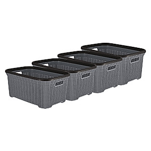 Plastic Laundry Basket Designed Small Storage Hamper Basket, 4 Pack Grey Cloths Basket Organizer with Cut-out Handles. Space Saving for Laundry Room Bedroom Bathroom, Knit Design 40 Liter.