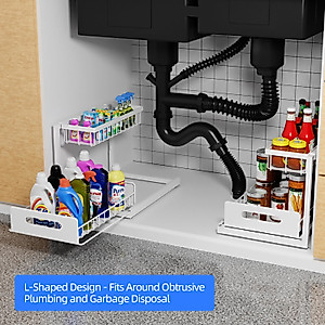 Lxmons 2-Tier Under Sink Slide Out Organizer, Pull Out Cabinet Storage Shelf with Sliding Storage Wire Basket Drawer for Bathroom Kitchen, Countertop or Pantry Storage shelf, White