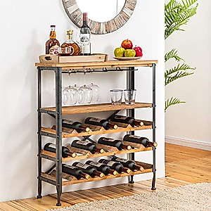 glitzhome Rustic Wine Rack 5-Tier Free Standing Floor Wine Rack for Wine Bottles and Glasses 21-Bottle Stackable Capacity Wine Storage Shelves with Glass Holder Wood Wine Rack for Kitchen Bar Pantry