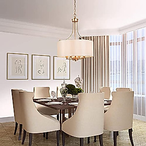classy leaves Gold Chandelier Light Fixture, 4-Light Modern Drum Chandelier Lighting, Gold Pendant Light with White Fabric Shade for Dining Room, Kitchen Island, Foyer, Living Room, 16’’ D x 21.5’’ H