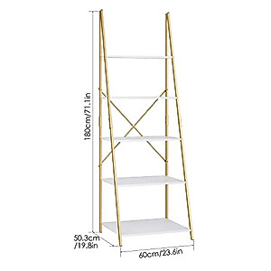 finetones 5-Tier Ladder Shelf, Free Standing A-Shape Display Bookcase, Storage Organizer Unit with Metal Frame, Flower Stand Plant Rack for Living Room, Kitchen, Bathroom, Home Office, White/Gold