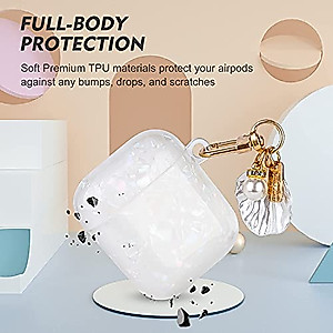 Airpods Case Cover, Full Protective Glitter TPU Soft Cute Airpod Case Cover with Pearl Keychain Compatible with Airpods 2 &amp;1 for Girls Teens Women (White/Pearl)