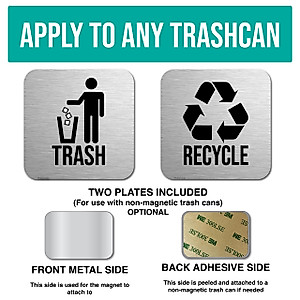Recycle and Trash Magnets for Kitchen Trash Cans and Recycling Bins, Indoor Trash and Recycle Magnet Combo for Garbage Can Logo Symbol, 2 Magnetic Sticker Adhesives, 5.5 Inch Square, Outdoor Waste Bin
